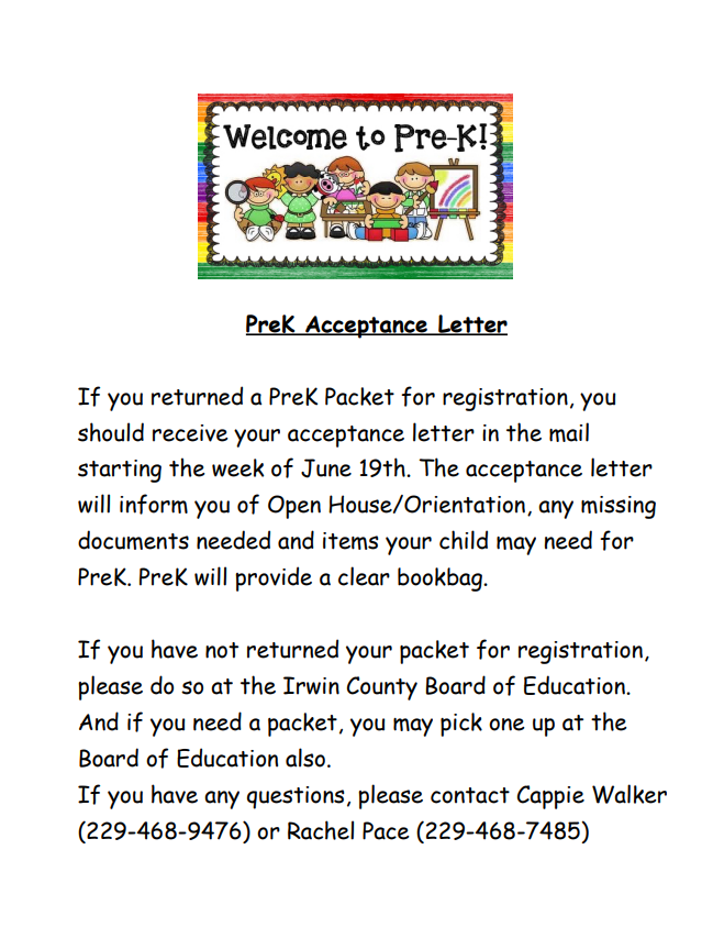 PreK Acceptance Letter | Irwin County Schools