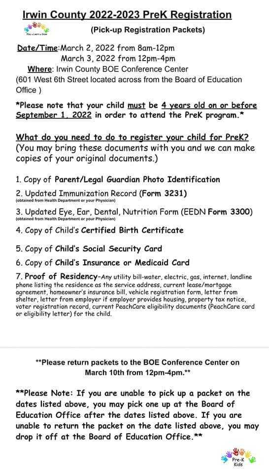 Pre K Registration Irwin County Elementary Pre K Registration Irwin County Elementary