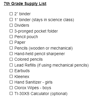 7th Grade Supply List | Irwin County Middle