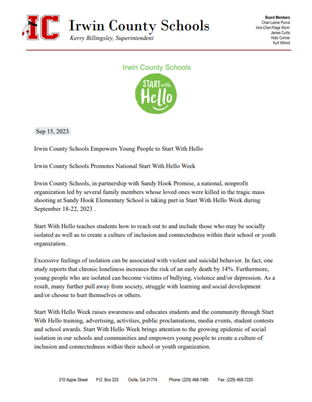 Irwin County Schools Participate in Start with Hello Week 9/18-9/22 ...